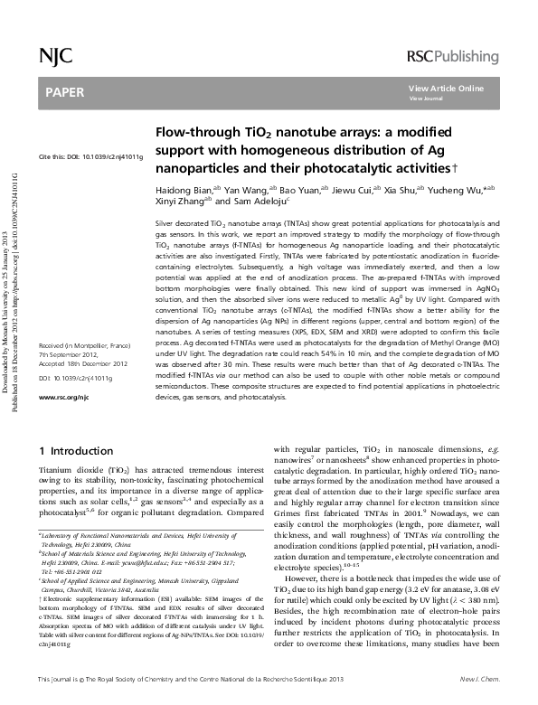 (PDF) Flow-through TiO2 nanotube arrays: a modified support with ...