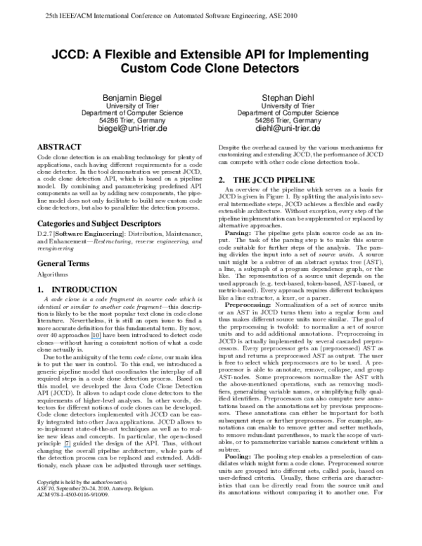 Pdf Jccd A Flexible And Extensible Api For Implementing Custom Code Clone Detectors