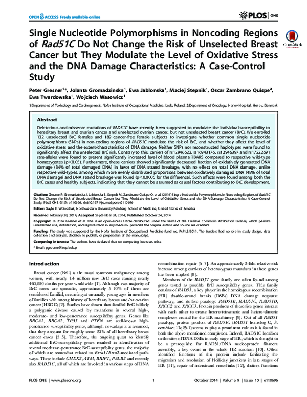 (PDF) Single Nucleotide Polymorphisms in Noncoding Regions of Rad51C Do ...