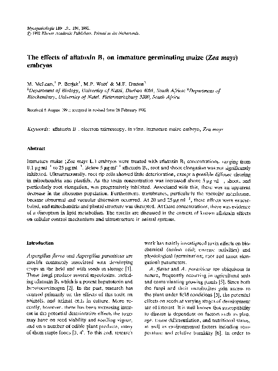 (PDF) The effects of aflatoxin B1 on immature germinating maize (Zea mays) embryos