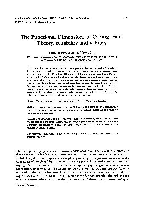 (PDF) The Functional Dimensions of Coping scale: Theory, reliability ...
