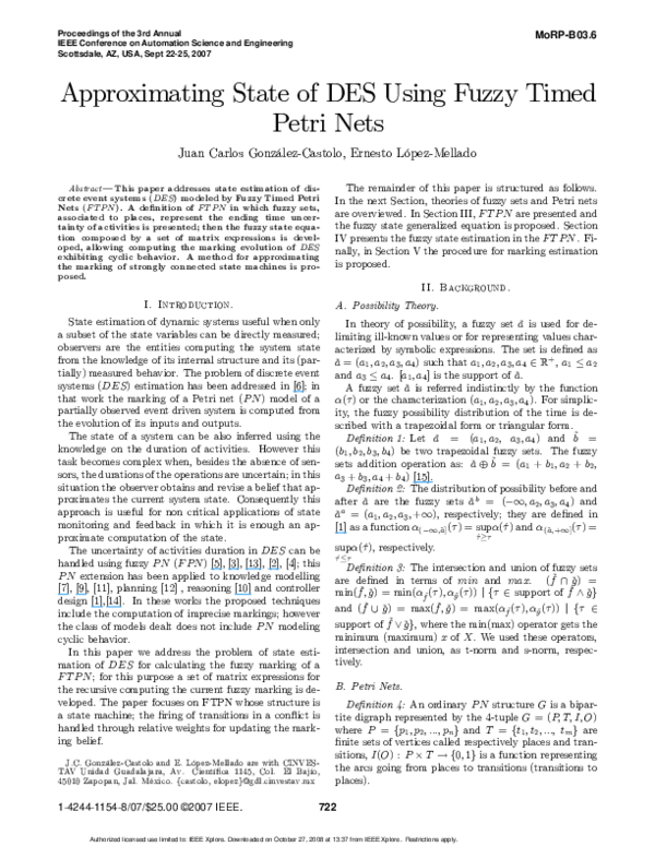 (PDF) Approximating State of DES Using Fuzzy Timed Petri Nets
