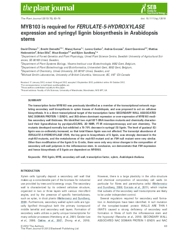 (PDF) MYB103 is required for FERULATE-5-HYDROXYLASE expression and ...