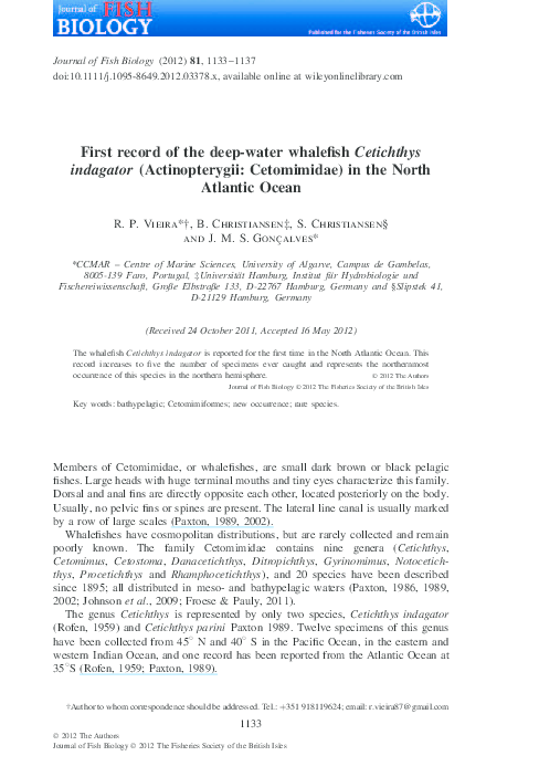 First record of the deep-water whalefish Cetichthys indagator ...