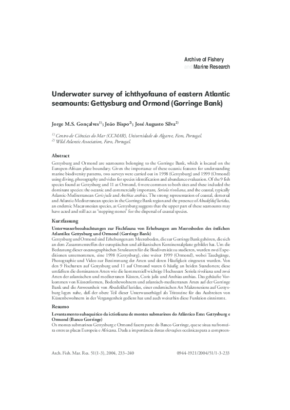 (PDF) Underwater survey of ichthyofauna of eastern Atlantic seamounts ...