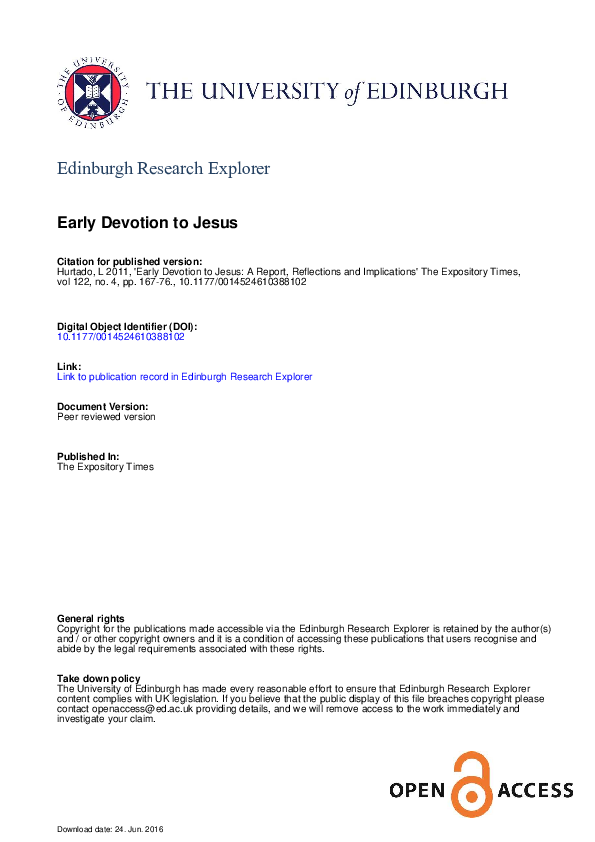 (PDF) Early Devotion to Jesus: A Report, Reflections and Implications