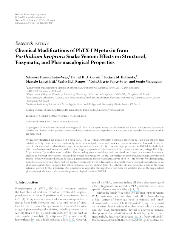 (PDF) Chemical Modifications of PhTX-I Myotoxin from Porthidium ...