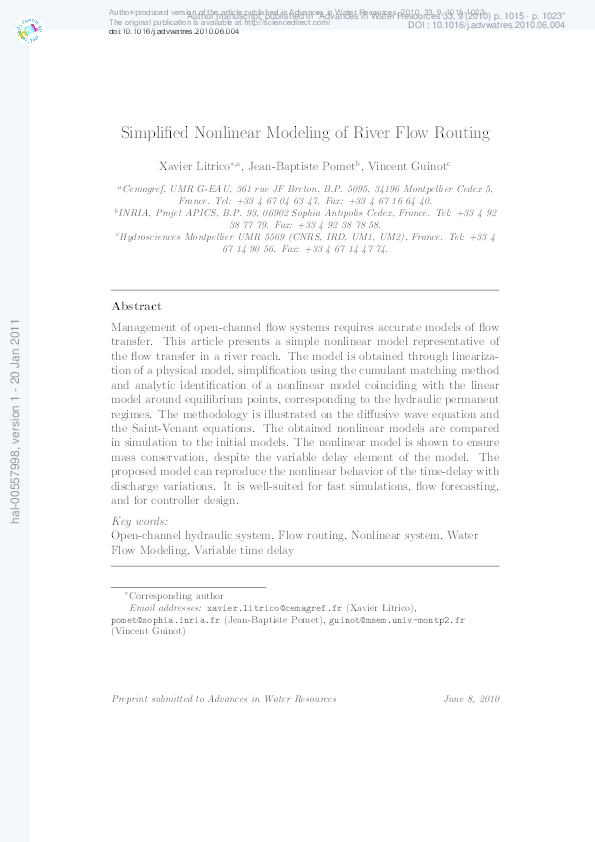 (PDF) Simplified nonlinear modeling of river flow routing