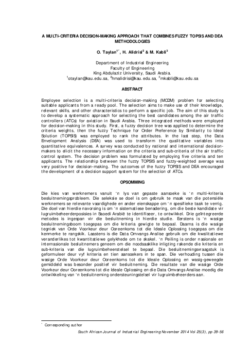 Pdf A Multi Criteria Decision Making Approach That Combines Fuzzy Topsis And Dea Methodologies
