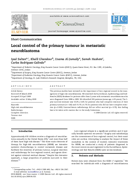 (PDF) Local control of the primary tumour in metastatic neuroblastoma