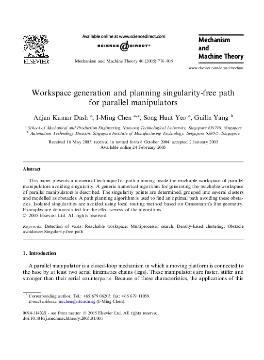 Pdf Workspace Generation And Planning Singularity Free Path For Parallel Manipulators Anjan