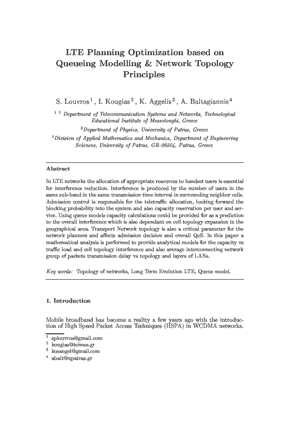 (PDF) LTE Planning Optimization based on Queueing Modelling & Network Topology Principles