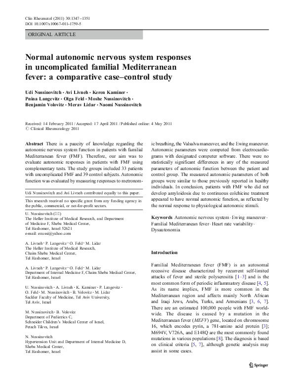 (PDF) Normal autonomic nervous system responses in uncomplicated familial Mediterranean fever: a ...