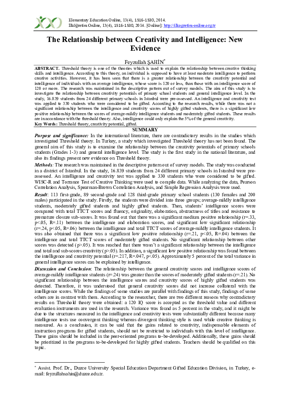 (PDF) The Relationship between Creativity and Intelligence: New Evidence