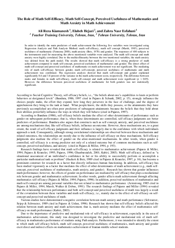 (PDF) The Role of Math Self-Efficacy, Math Self-Concept, Perceived Usefulness of Mathematics and ...