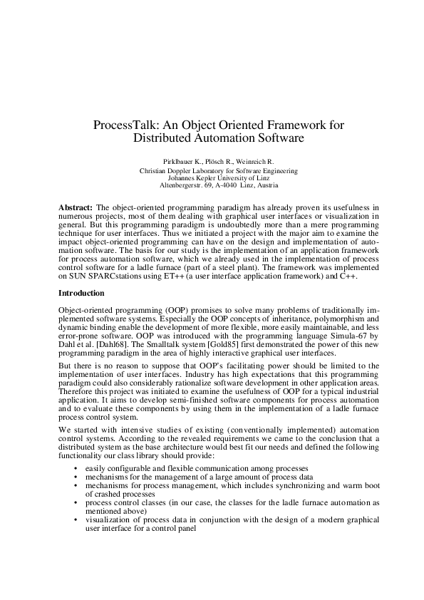 (PDF) ProcessTalk: An Object-Oriented Framework for Distributed Automation Software