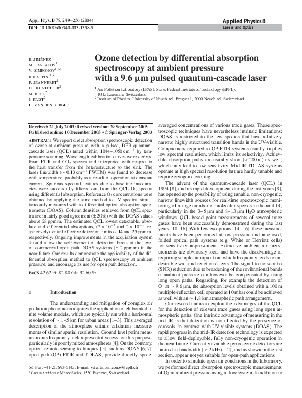 (PDF) Ozone detection by differential absorption spectroscopy at ambient pressure with a 9.6 ?m ...