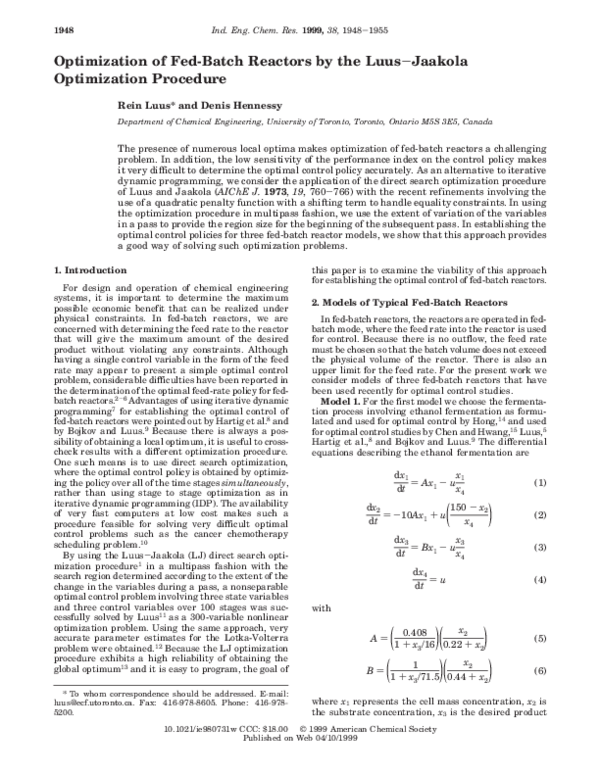 Pdf Optimization Of Fed Batch Reactors By The Luus−jaakola Optimization Procedure 7897