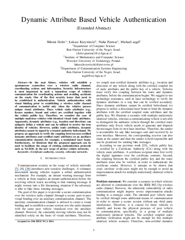 (PDF) Dynamic Attribute Based Vehicle Authentication (PDF) Dynamic Attribute Based Vehicle Authentication