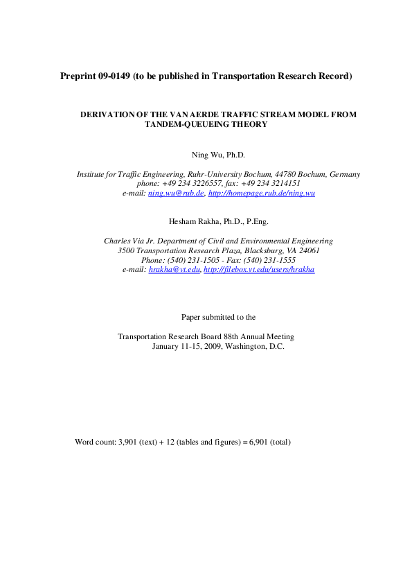 (PDF) Derivation of Van Aerde Traffic Stream Model from Tandem-Queuing ...