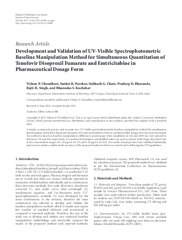 Pdf Development And Validation Of Uv Visible Spectrophotometric