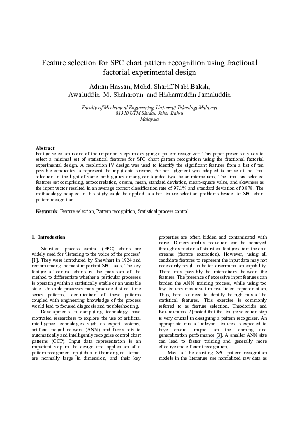 (PDF) Feature selection for SPC chart pattern recognition using fractional factorial ...
