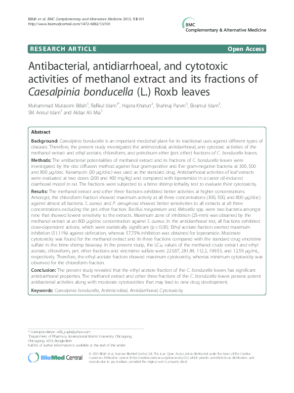 (PDF) Antibacterial, antidiarrhoeal, and cytotoxic activities of methanol extract and its ...