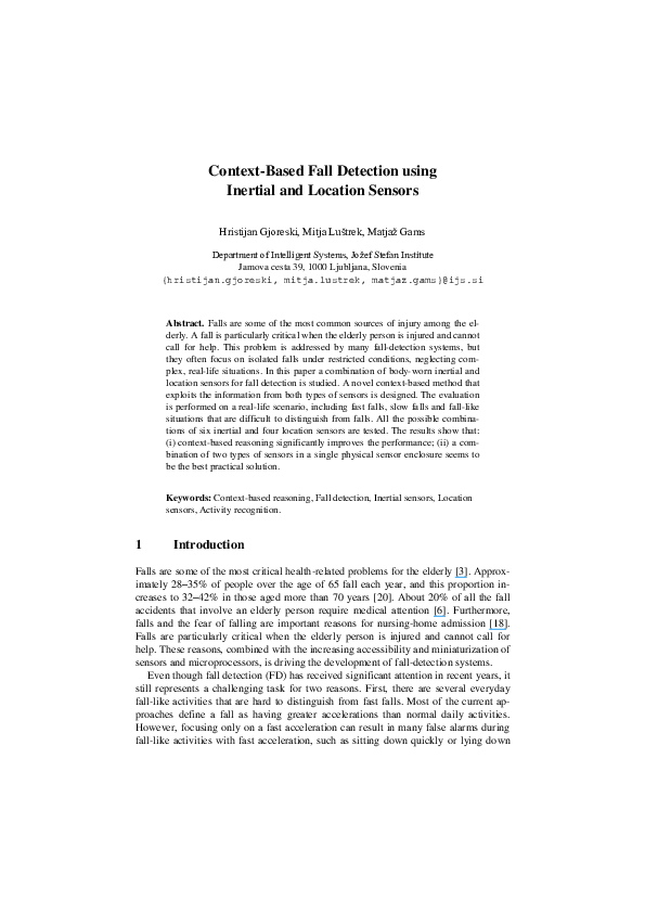 Pdf Context Based Fall Detection Using Inertial And Location Sensors