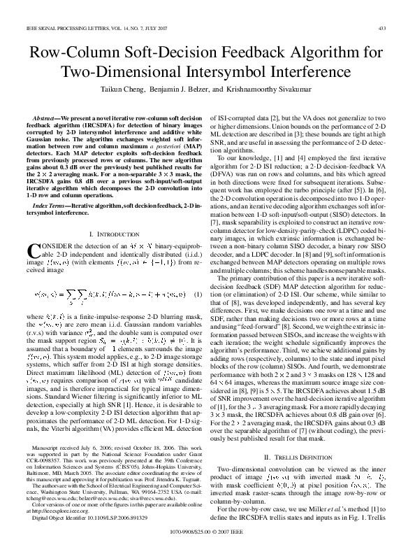 Pdf Row Column Soft Decision Feedback Algorithm For Two Dimensional Intersymbol Interference