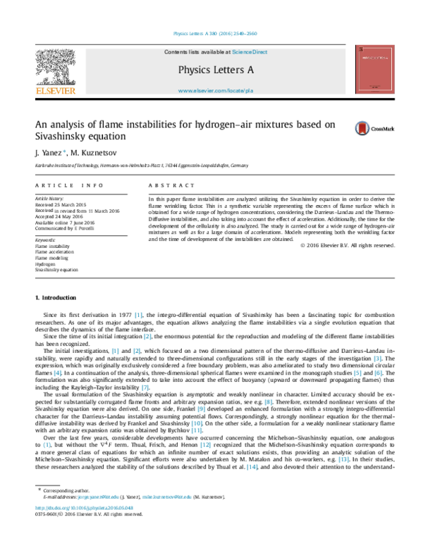 An analysis of flame instabilities for hydrogen air mixtures based on ...