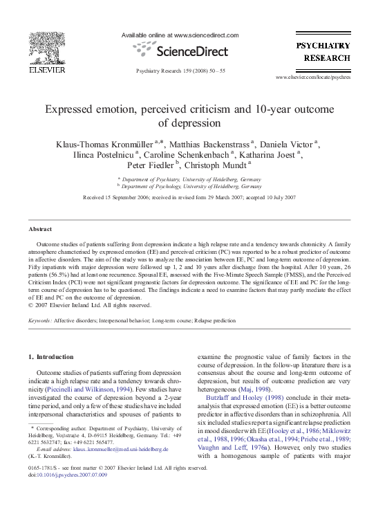 (PDF) Expressed emotion, perceived criticism and 10-year outcome of ...