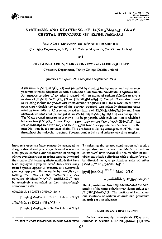 (PDF) Synthesis and reactions of [Et3NH]4[Mo8O6]: x-ray crystal ...