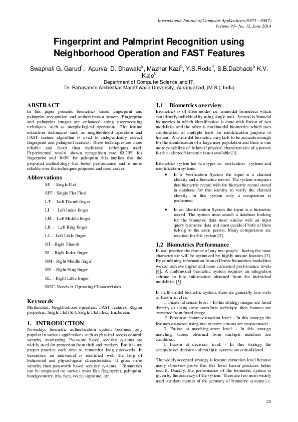 Pdf Fingerprint And Palmprint Recognition Using Neighborhood Operation And Fast Features