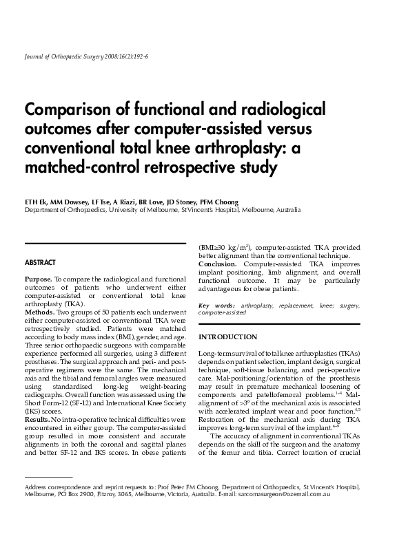 (PDF) Simultaneous bilateral versus unilateral computer-assisted total knee arthroplasty: A ...