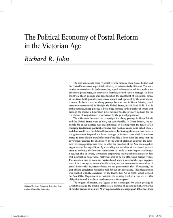 (PDF) "The Political Economy of Postal Reform in the Victorian Age ...