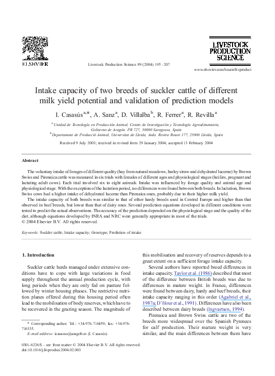 (PDF) Intake capacity of two breeds of suckler cattle of different milk ...