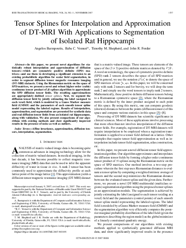 Pdf Tensor Splines For Interpolation And Approximation Of Dt Mri With