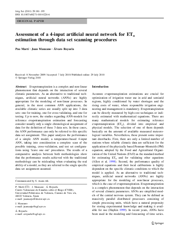 (PDF) Assessment of a 4-input artificial neural network for ETo estimation through data set ...
