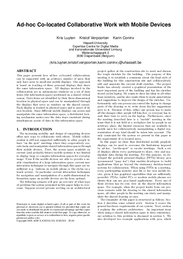 (PDF) Ad-hoc co-located collaborative work with mobile devices