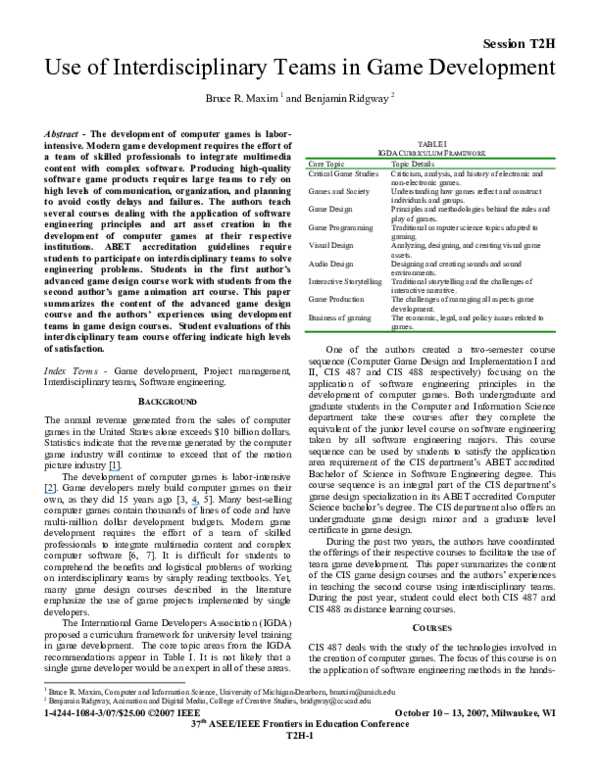 (PDF) Use of interdisciplinary teams in game development