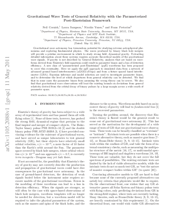 Pdf Gravitational Wave Tests Of General Relativity With The Parameterized Post Einsteinian