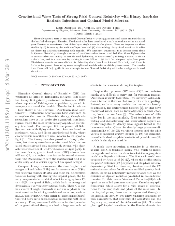 Pdf Gravitational Wave Tests Of Strong Field General Relativity With Binary Inspirals