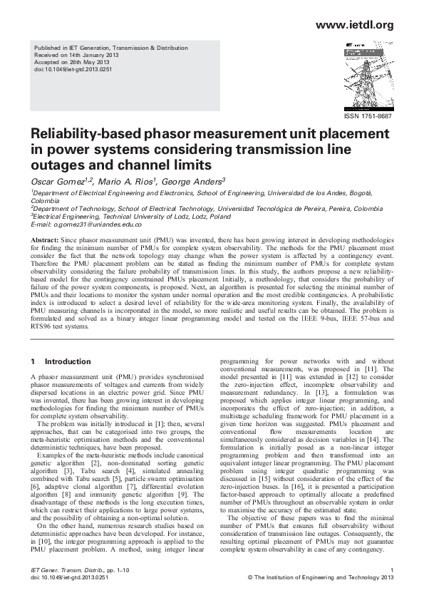 Pdf Reliability Based Phasor Measurement Unit Placement In Power Systems Considering