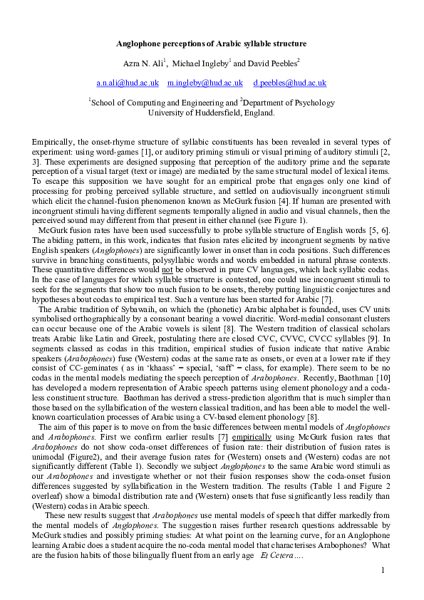 (PDF) Anglophone Perceptions Of Arabic Syllable Structure | Michael ...