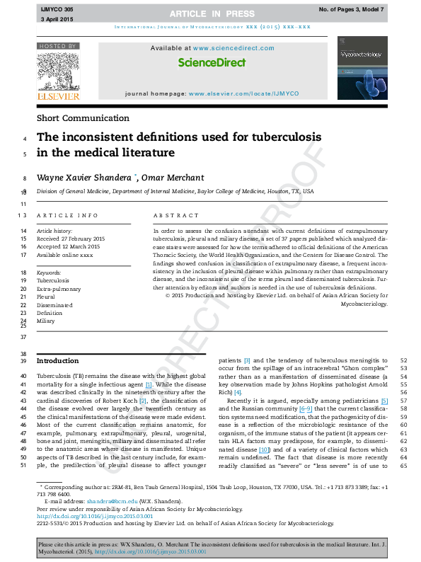 (PDF) The inconsistent definitions used for tuberculosis in the medical ...