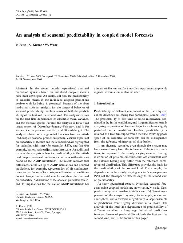 (PDF) An analysis of seasonal predictability in coupled model forecasts
