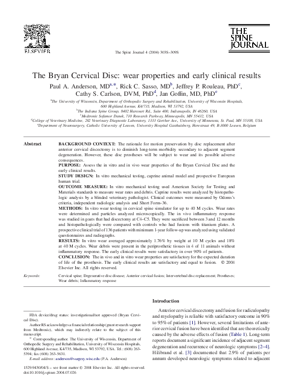(PDF) The Bryan Cervical Disc: wear properties and early clinical results