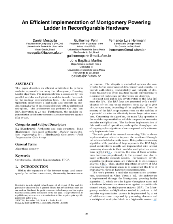Pdf An Efficient Implementation Of Montgomery Powering Ladder In Reconfigurable Hardware