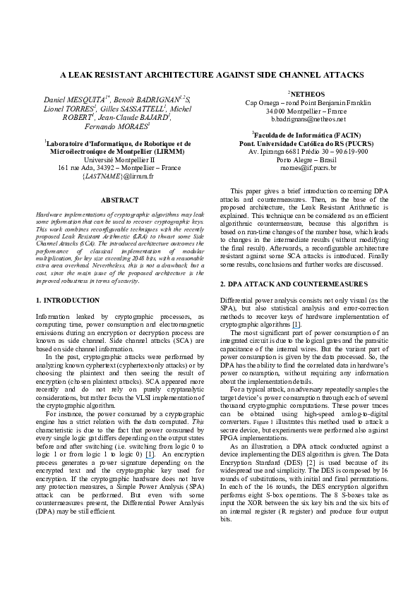 (PDF) A Leak Resistant Architecture Against Side Channel Attacks