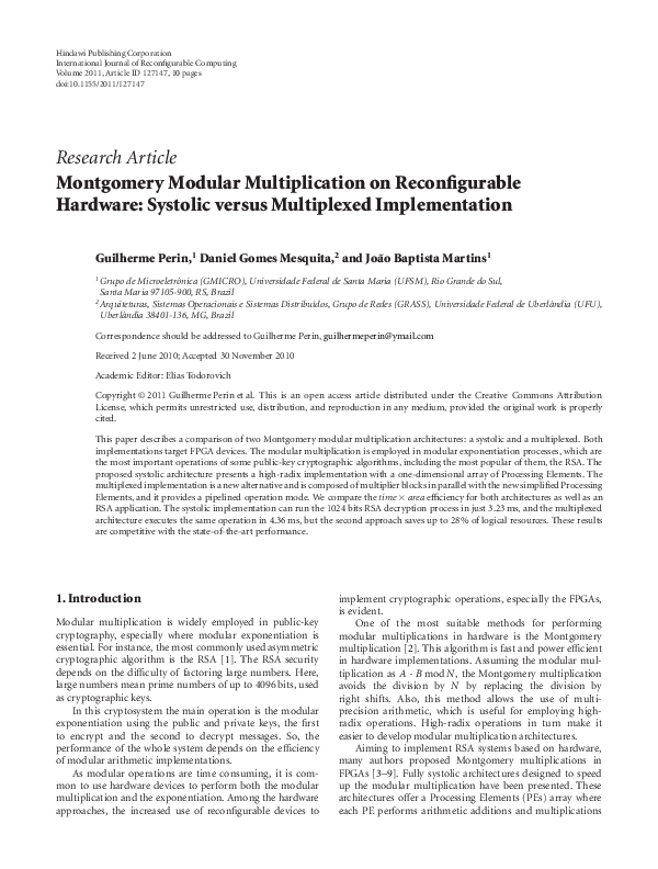 Pdf Montgomery Modular Multiplication On Reconfigurable Hardware Fully Systolic Array Vs